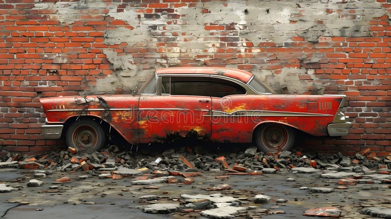 3d Wallpaper Design with a Classic Car Jumping Out of Broken Graffiti ...