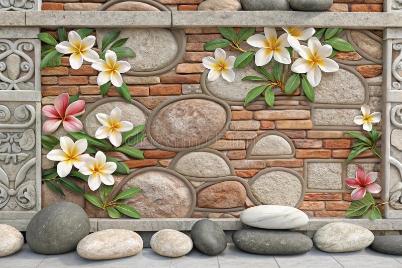 3D Wallpaper Design with Bricks and Stones and Florals Stock ...