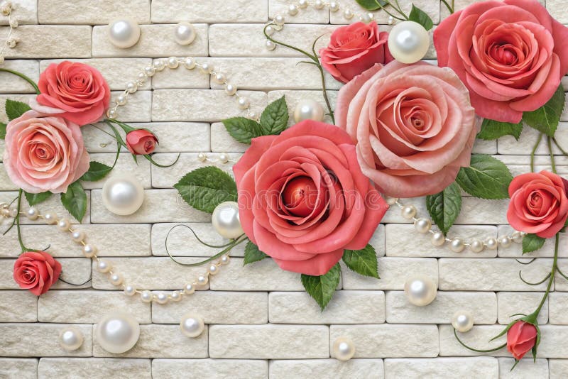3D Wallpaper with Roses and Pearls on Brickwork Stock Illustration ...