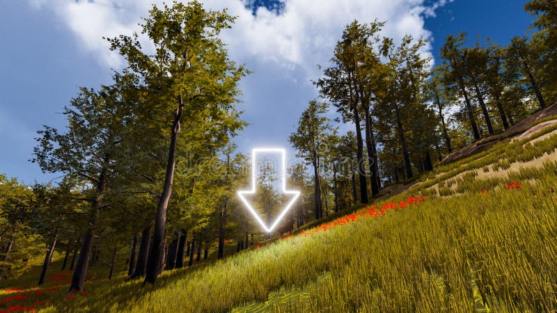 3D Wallpaper with Forest Environment with Down Arrow, Trees and Vegetation Stock Illustration ...