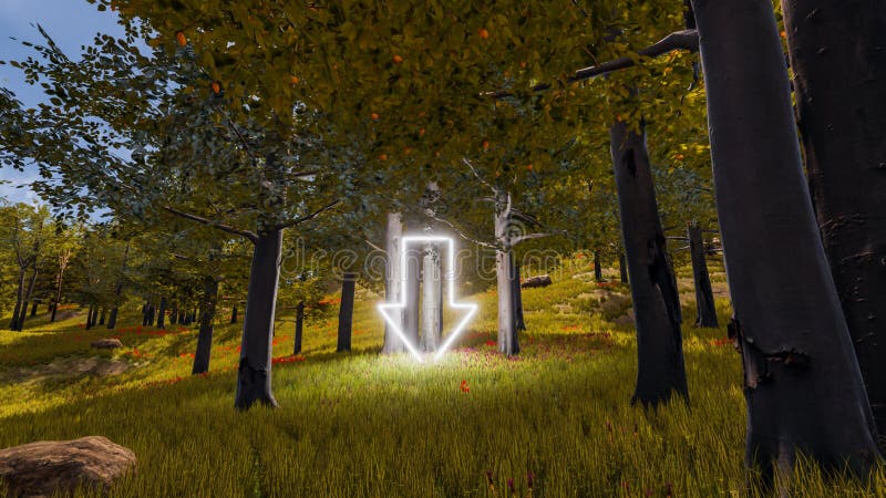 3D Wallpaper with Forest Environment with Down Arrow, Trees and Vegetation Stock Illustration ...