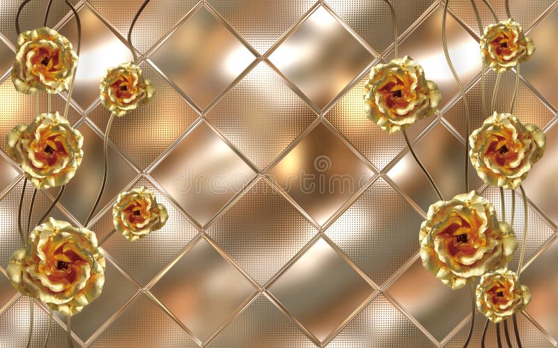 3d Wallpaper Golden Diamond Flowers on Golden Leather Background Stock ...