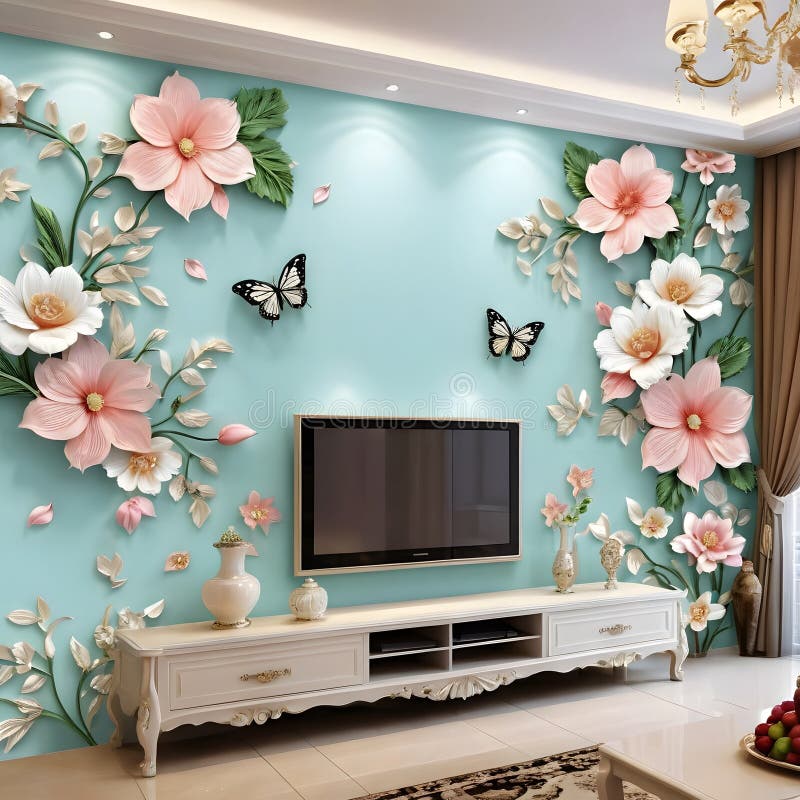 Transform Your Living Room with 3D Flower Wallpaper Designs Stock Photo ...