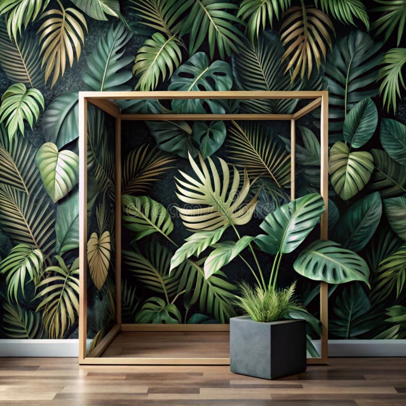 3D Wallpaper with Leaf and Rectangle Box on Black Background Stock ...