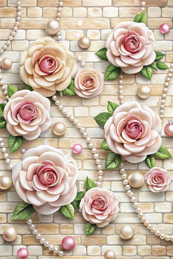 3D Wallpaper, Roses and Pearls on Brickwork Background Stock ...