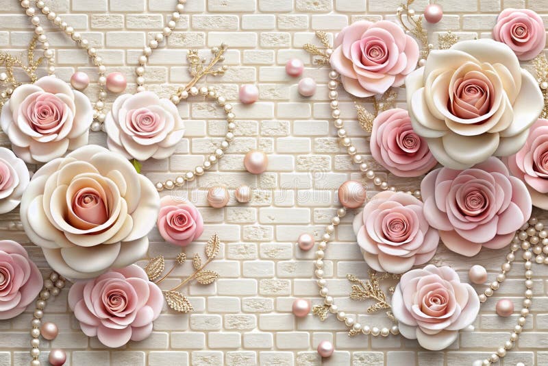 3D Wallpaper, Roses and Pearls on Brickwork Background Stock ...