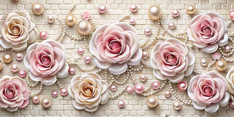 3D Wallpaper, Roses and Pearls on Brickwork Background Stock ...
