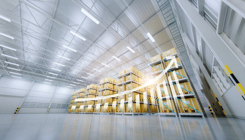 3d Rendering of Warehouse with Concept for Growth, Productivity. Stock ...