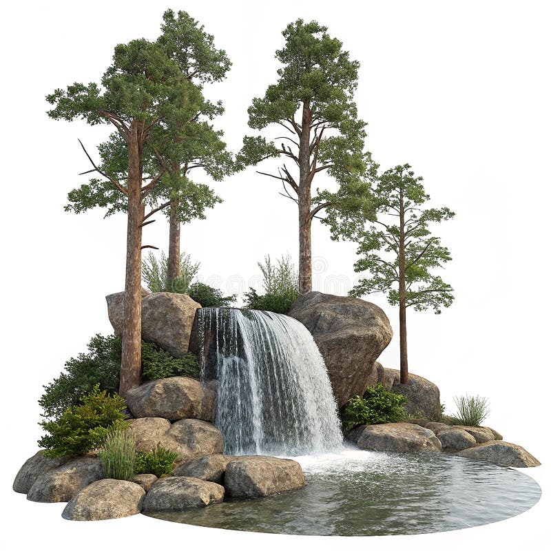 3D Waterfall with Trees and Rocks Isolated on White Background Stock ...