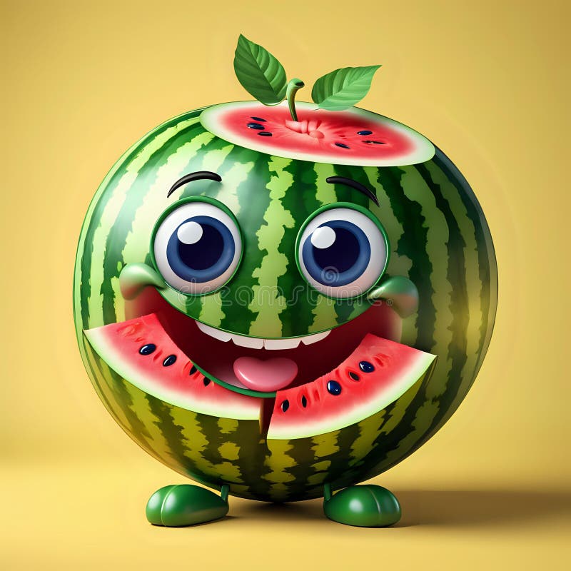 3D Watermelon with a Joyful Smiling Face, Featuring a Playful and ...