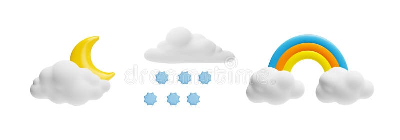 3D Weather Forecast Vector Icon Set, Cartoon Moon, Rainbow, Snowflakes ...