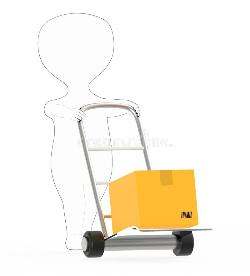 3d White - Black Outer Lined Character Moving a Trolley with Cardboard ...