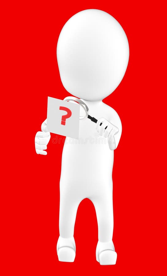 3d Red Character Examining a Question Mark Sign through a Magnifier ...