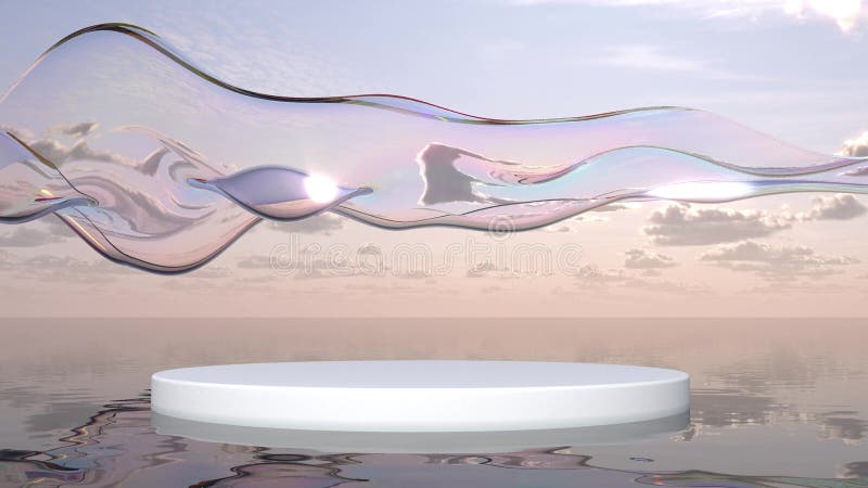 3D White Cylinder Platform Rainbow Wave Ribbon on Sea Bg Stock ...