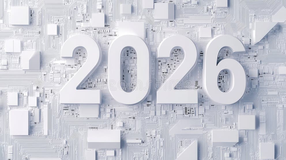 2026 in 3D White Digits on Circuit Board Background, Technology and ...