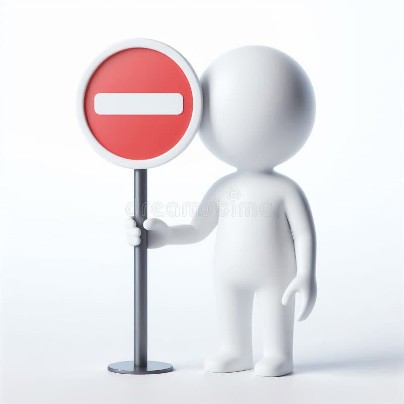 3D White Figure Cartoon with No Entry Sign on White Background Stock ...