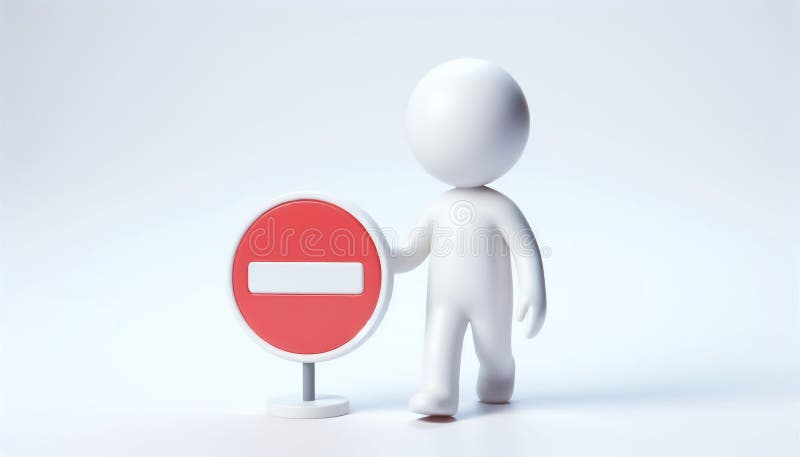 3D White Figure Cartoon with No Entry Sign on White Background Stock ...