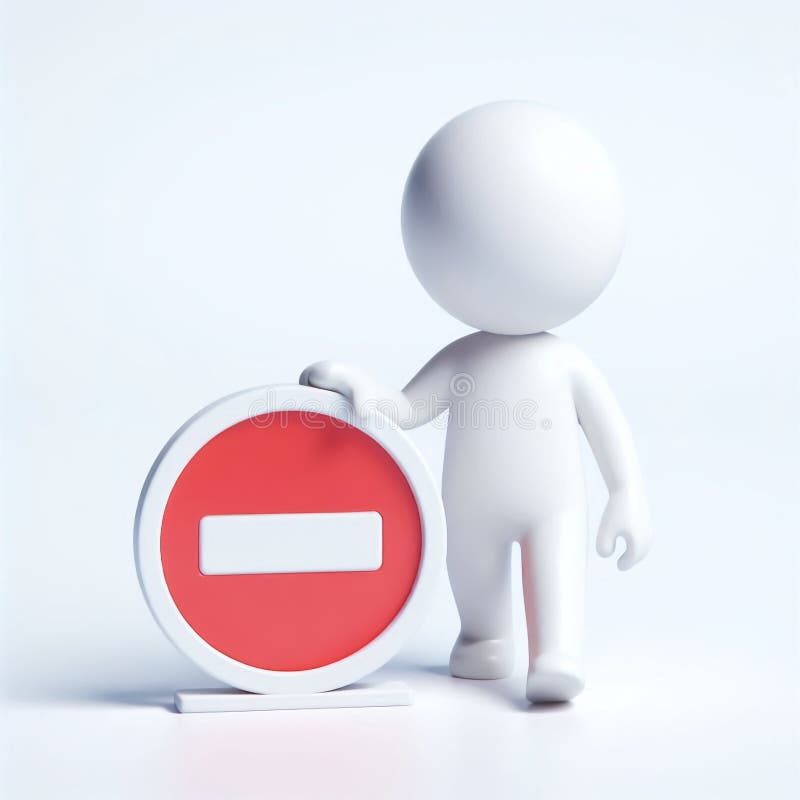 3D White Figure Cartoon with No Entry Sign on White Background Stock ...