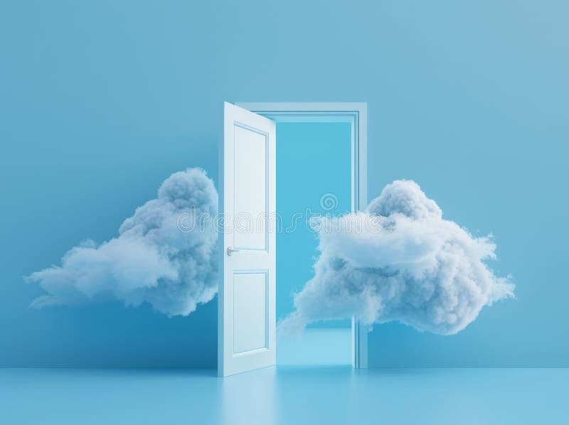In 3D, White Fluffy Cloud Flying Out of Open Door, Objects on Blue ...