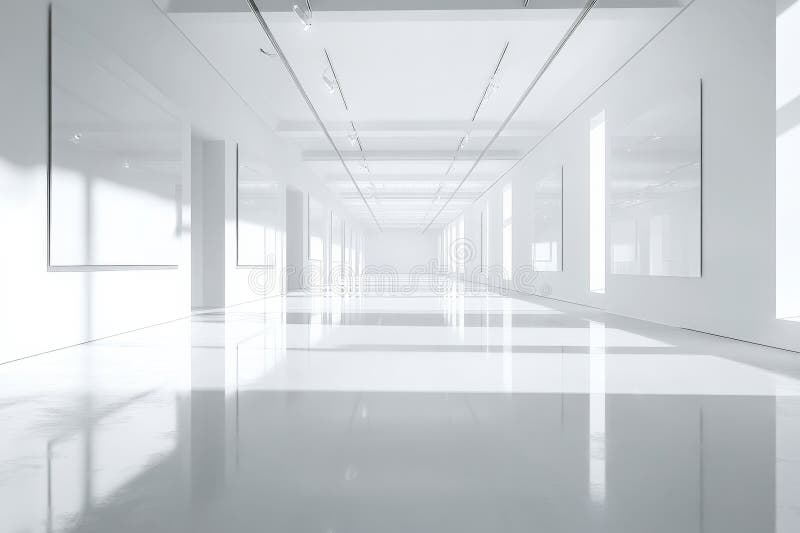A 3D White Gallery with Large, Empty Walls and Sleek, Glossy Floors ...