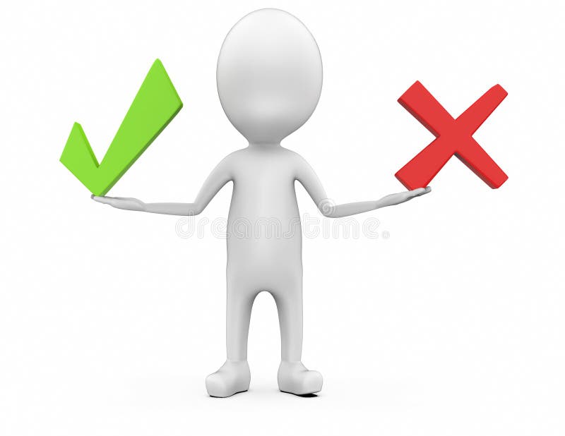 3d White Guy with a Check Mark and a Cross Sign on His Hands Stock ...