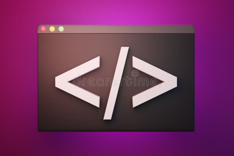 3D White Html Tag on a Computer Window Dialog on Gradient Purple ...
