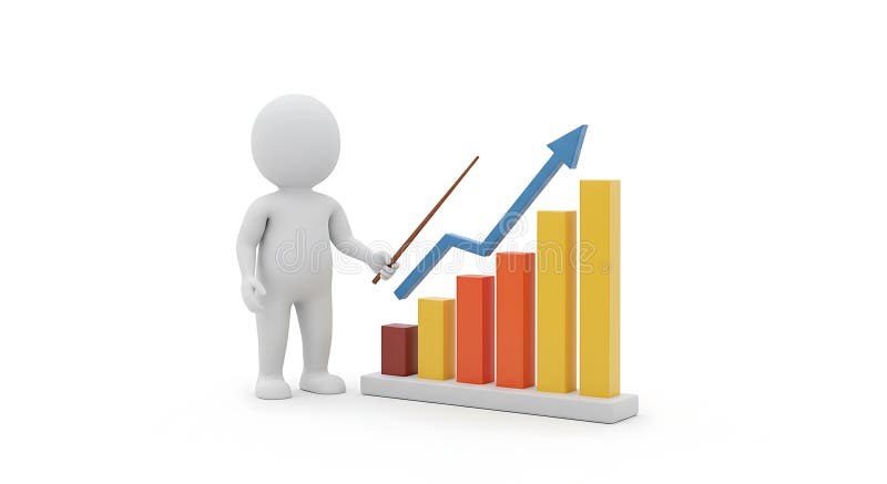 A 3D, White Humanoid Figure Points with a Stick at a Colorful Bar Graph ...