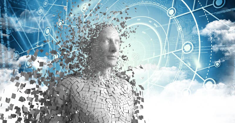 3D White Male AI Against Blue Interface with Clouds Stock Illustration ...