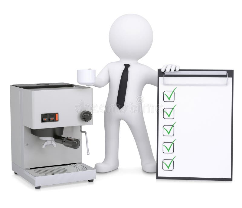 3d White Man with Coffee Machine and Checklist Stock Illustration ...