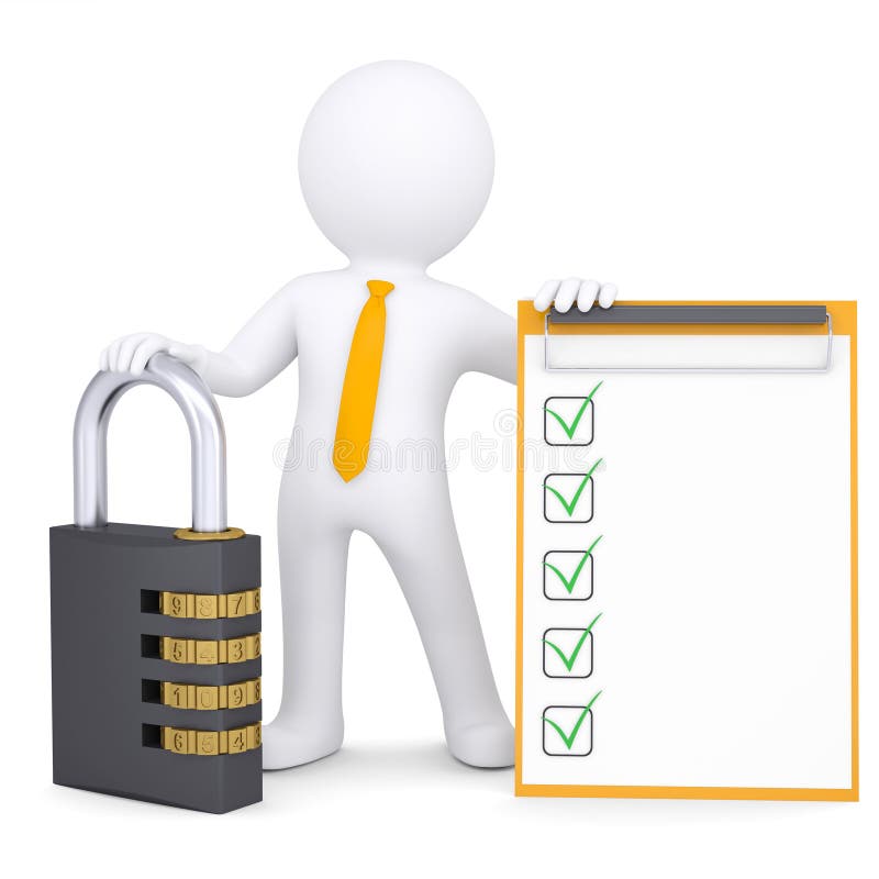 3d White Man with Combination Lock and Checklist Stock Illustration ...