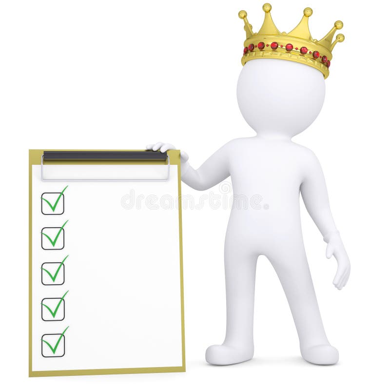 3d White Man with a Crown Holding a Checklist Stock Illustration ...