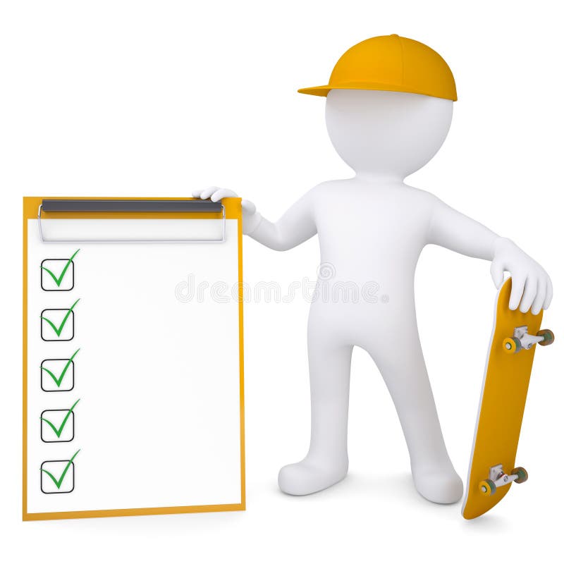 3d White Man Holding a Skateboard and a Checklist Stock Illustration ...