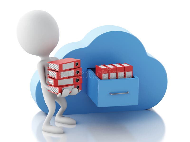 3d White People With File Storage And Cloud Cloud Computing Con Stock Illustration