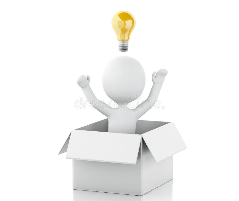 3d White People with Light Bulb in Box. Thinking Concept. Stock ...