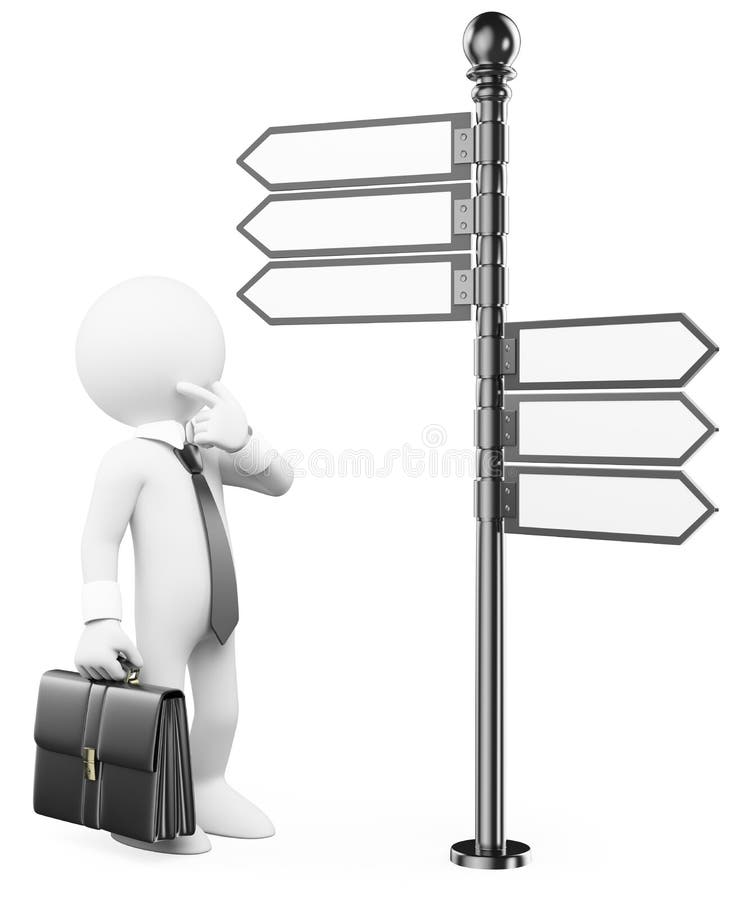 3D White People. Thoughtful Man with a Direction Sign Stock ...