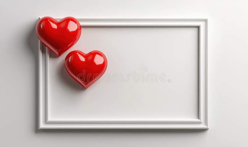 3D White Rectangular Frame with Two Vibrant Red Hearts on a Neutral ...