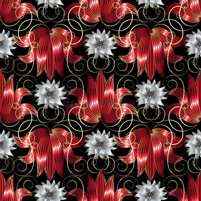 3d White and Red Flowers Seamless Pattern. Vector Floral Black B Stock ...