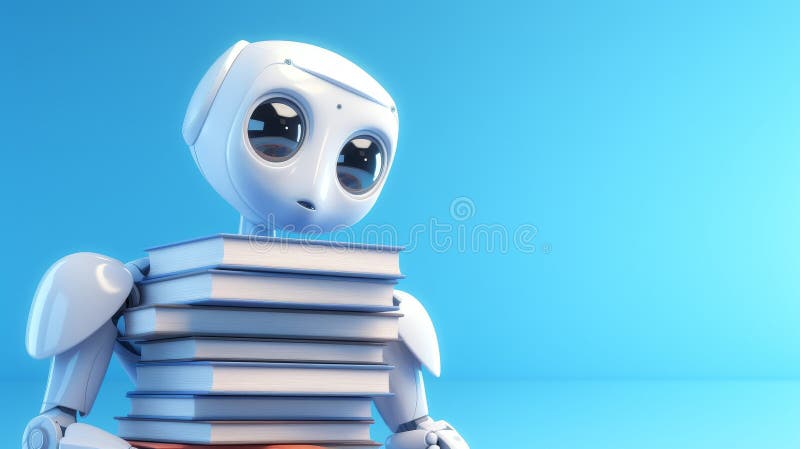 3d White Robot with Books on Blue Gradient Background, Education and Technology Concept, Copy ...