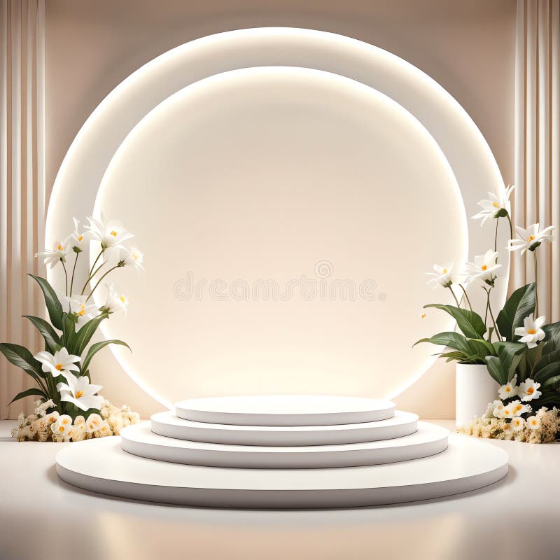 3D White Round Stage Showcase Podium Mockup with Flower Decoration ...