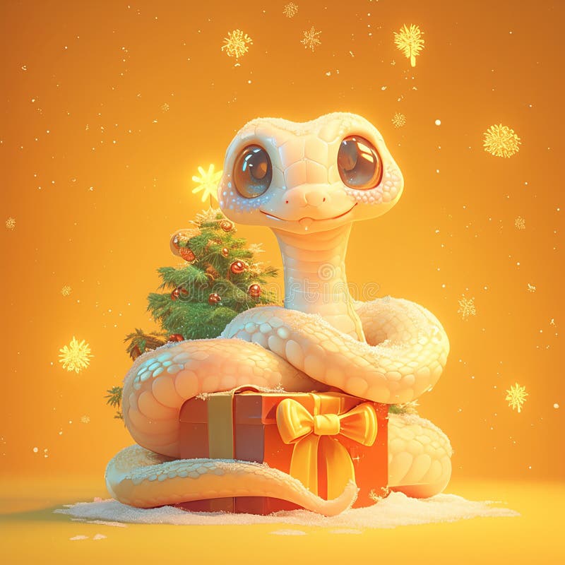 3D White Snake is Wrapped Around a Red Box with a Bow on Top. the Snake ...