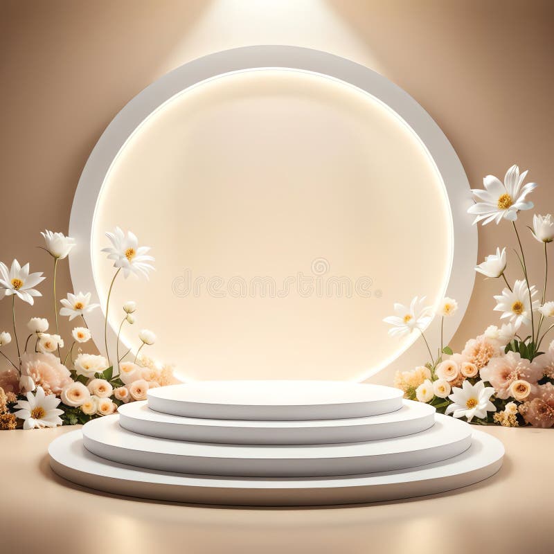 3D White Stage Showcase Podium Mockup with Flower Decoration Stock ...
