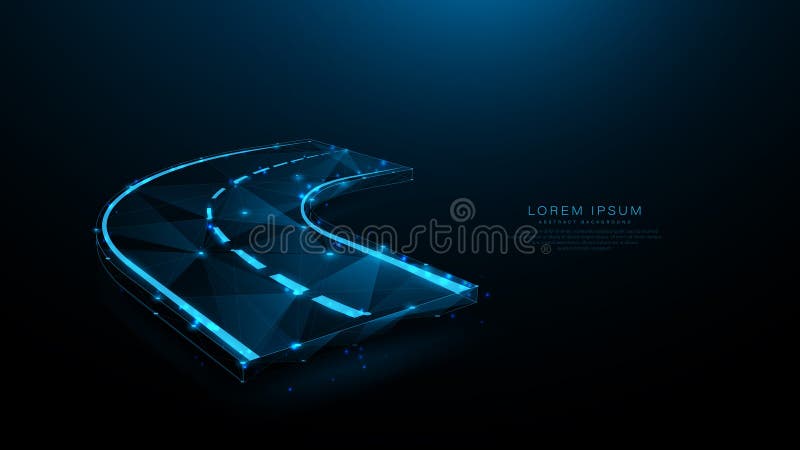 3D Winding Asphalt Road. Glowing Low Poly, Wireframe, Linear, Line, and ...