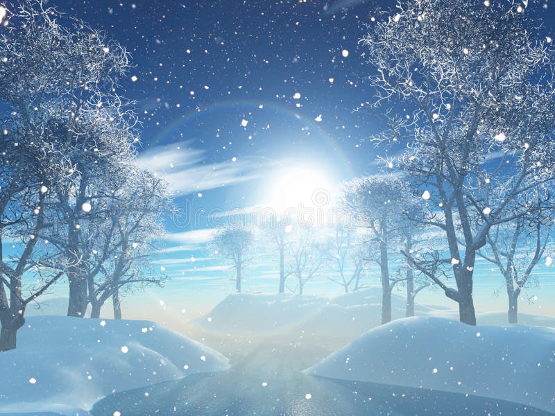 3D Winter Tree Landscape with Falling Snow Stock Illustration ...