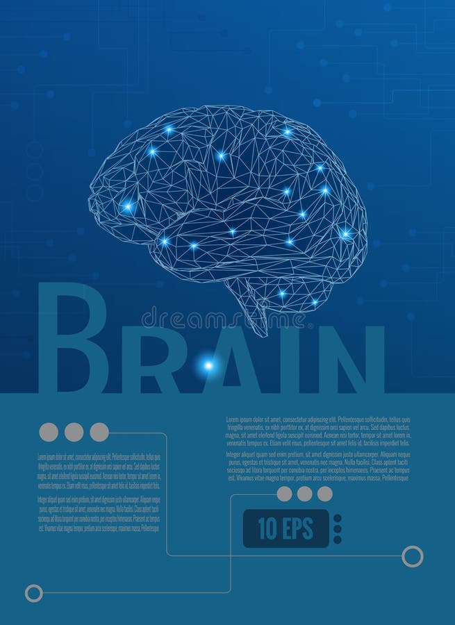 3D Wireframe Brain Illustration on Blue Graphic Layout Stock Vector ...