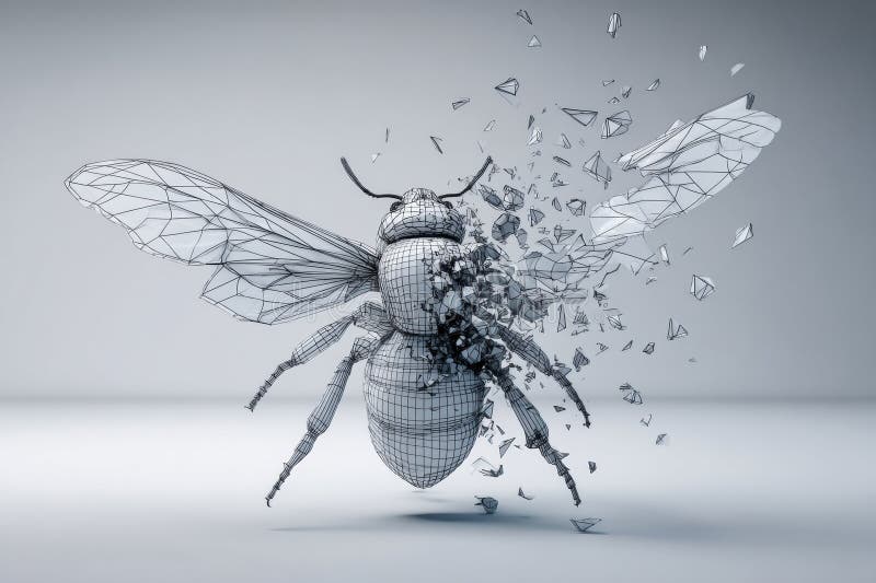 3D Wireframe Bug Symbol Breaking Apart Against a Minimalist Background ...