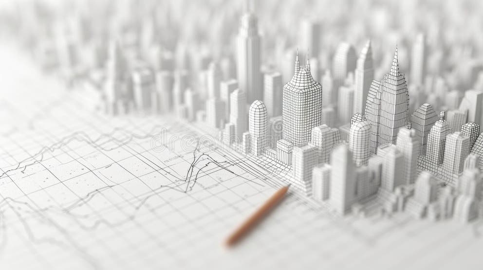 3D Wireframe Cityscape with Data Graph Overlay Stock Illustration ...