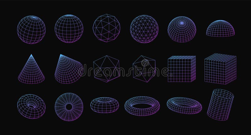 3d Wireframe Geometric Shapes, Perspective Grid Figures, Tech Mesh ...