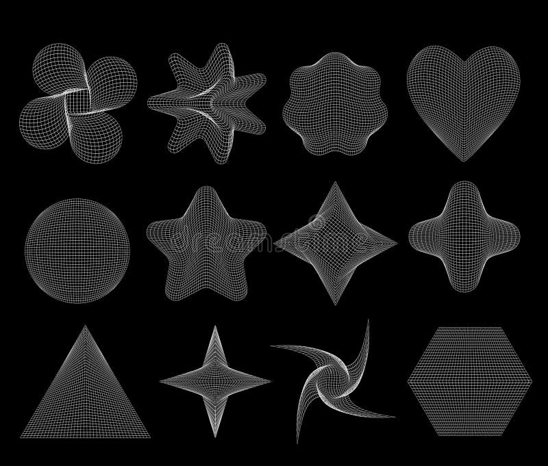 3d Wireframe Geometric Shapes Set in Different Shapes on a Black ...