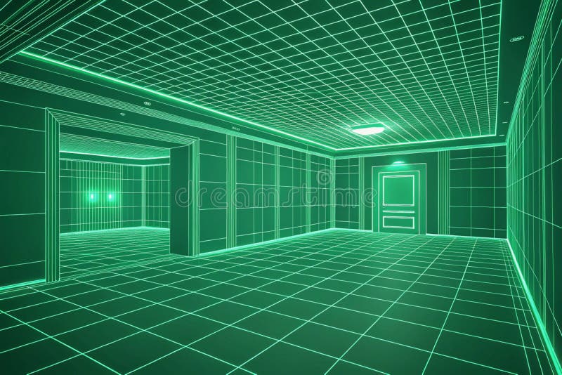 3d Wireframe Green Room. Abstract Perspective Grid. Retro Futuristic ...