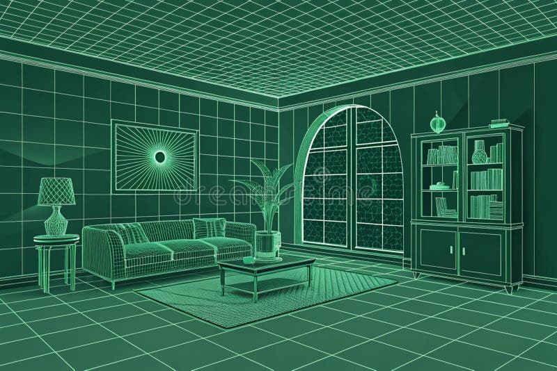 3d Wireframe Green Room. Abstract Perspective Grid. Retro Futuristic ...